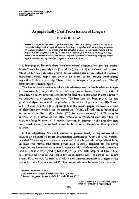 Asymptotically Fast Factorization Of Integers Dixon Abstract The