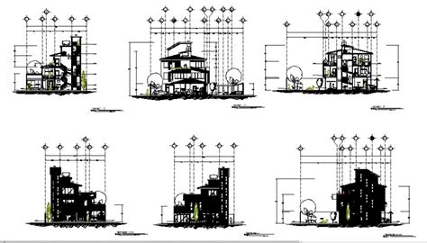 Three Level House Building All Sided Elevation And Section Details Dwg File
