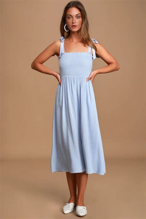 Looking Up Light Blue Smocked Tie Strap Midi Dress