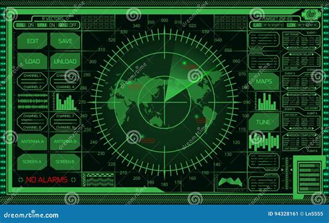 Digital Green Radar Screen With World Map Targets And Futuristic User