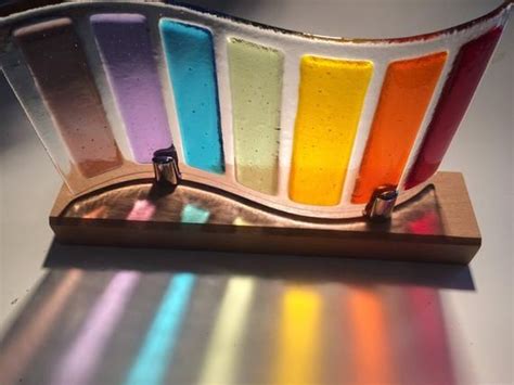 Rainbow Fused Glass Wave Striped Glass Sun Catcher Mounted On A Wooden