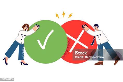 두 명의 직장인이 큰 장단점 아이콘 근처에 서서 새로운 전략의 장단점을 비교합니다 고객에 대한 스톡 벡터 아트 및 기타 이미지