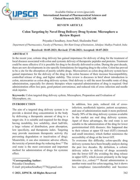 Colon Targeting By Novel Drug Delivery Drug System Microsphere A Review Report Pdf
