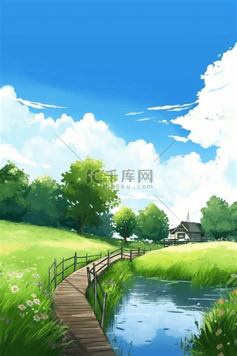 夏天清新风景卡通背景插画图片 千库网