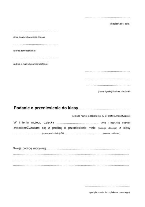 Podanie o przeniesienie do innej klasy Jak je napisać i jakich
