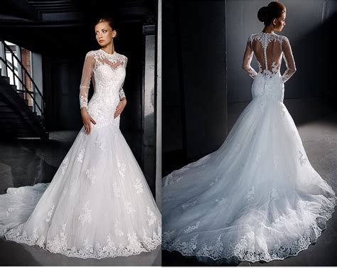 Long Sleeves Lace Wedding Dresses 2016 Mermaid Sexy Backless High Neck