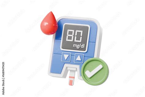 3d Glucometer With Blood Drop Showing 80 Mg Dl And Green Check Mark