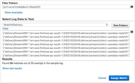 cloudwatch custom log filter alarm for kinesis load failed event