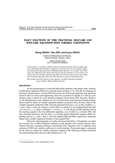 Pdf Exact Solutions Of Time Fractional Heat Like And Wave Like Equations With Variable