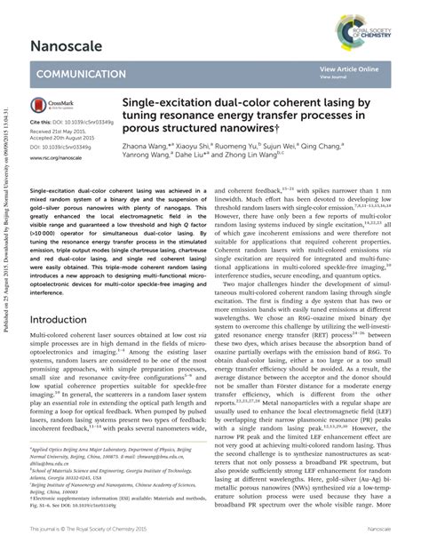 Pdf Single Excitation Dual Color Coherent Lasing By Tuning Resonance
