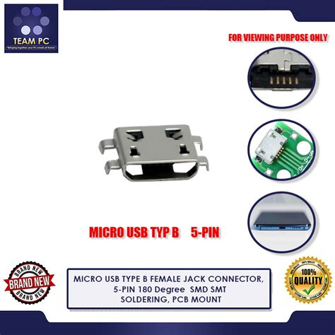 Micro Usb Type B Female Jack Connector 5 Pin 180 Degree Smd Smt