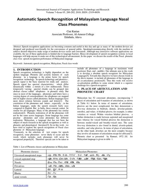 Automatic Speech Recognition Of Malayalam Language Nasal Class Phonemes Pdf Phoneme Speech