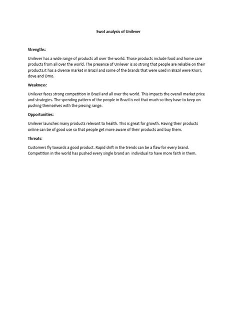 Swot Analysis Of Unilever Pdf