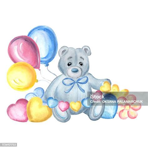 여러 가지 빛깔의 하트 장난감 꽃 하트 화려한 풍선의 화환이 있는 파란 활의 테디 베어 디자인 직물 및 인쇄를 위한 흰색 배경에 수채화 손으로 그린 그림 0명에 대한 스톡