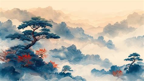 Natural Landscape Banner Design With Japanese Wave Pattern In Vintage Style With Bonsai Tree