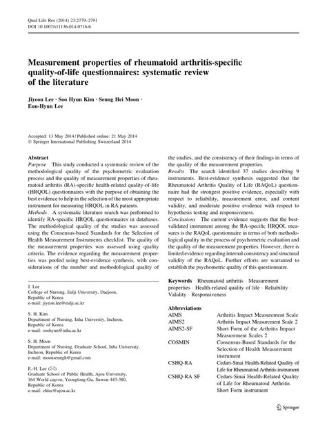 Pdf Measurement Properties Of Rheumatoid Arthritis Specific Quality Of Life Questionnaires