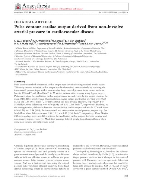 Pdf Pulse Contour Cardiac Output Derived From Non Invasive Arterial Pressure In Cardiovascular