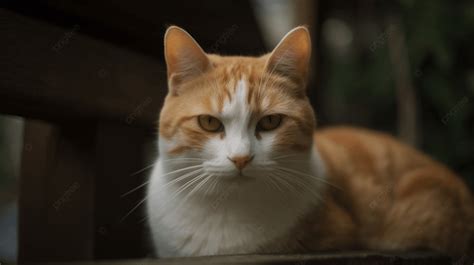 주황색과 흰색 고양이가 벤치에 앉아 있다 카미데키부루의 얼굴에 익숙한 길고양이 암컷은 톤톤을 좋아한다 고화질 사진 사진 고양이 배경 일러스트 및 사진 무료 다운로드