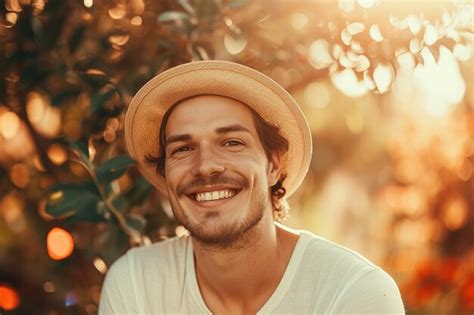 Premium Photo Young Man In Summer Hat Enjoying Golden Hour