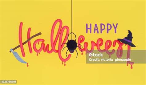 노란색 배경에 3d 타이포그래피와 해피 할로윈 배너 배너 또는 파티 초대 배경 0명에 대한 스톡 사진 및 기타 이미지 0명 10월 3차원 형태 Istock