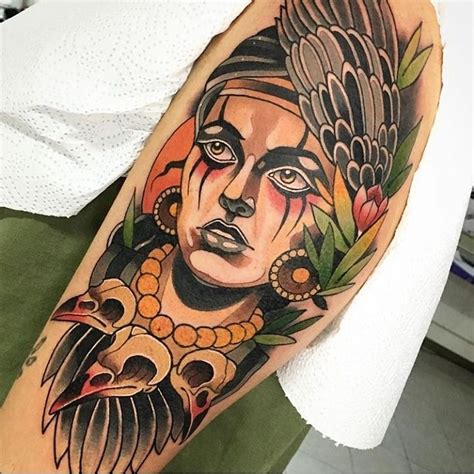 Neo Traditional Lady With Birds Skull Collar Done By Our Artist André