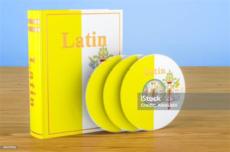 나무 테이블에 Cd 디스크와 라틴어 언어 교과서 3 차원 렌더링 3차원 형태에 대한 스톡 사진 및 기타 이미지 3차원 형태