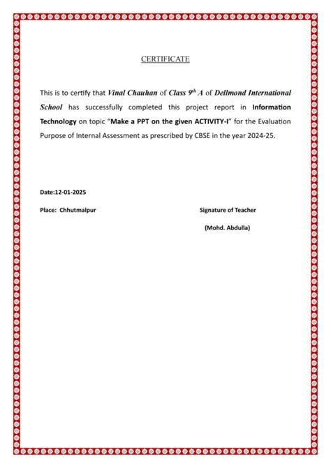 Editable Certificate For School Project Dr Vinesh Kumar
