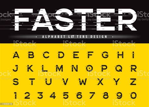 글리치 현대 알파벳 문자와 숫자의 벡터 그런지 선형 양식에 일치시키는 둥근 글꼴 속도에 대한 스톡 벡터 아트 및 기타 이미지