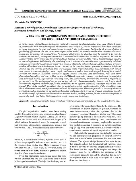 a review of vaporization models as design criterion for bipropellant