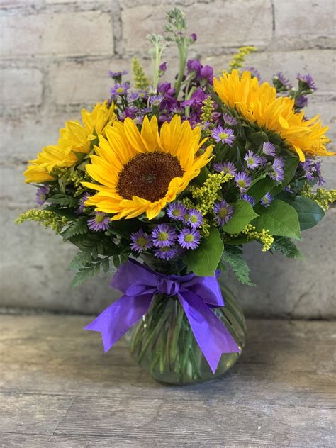 Sunflower And Purple Flower Bouquet In Glass Vase