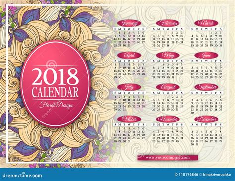 Colored 2018 Year Calendar Rectangular Template Stock Vector