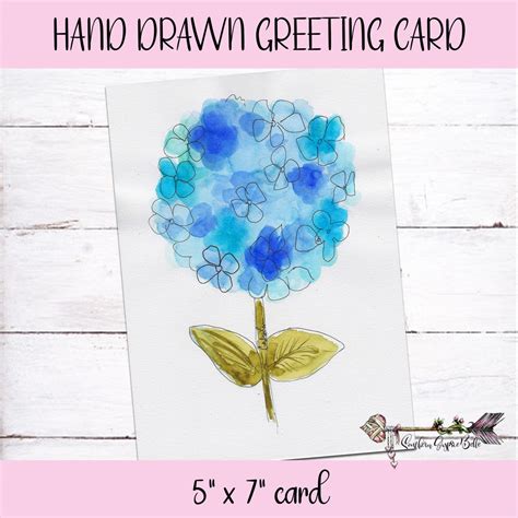Hand Painted Watercolor Greeting Card Blue Hydrangea Watercolor And Ink