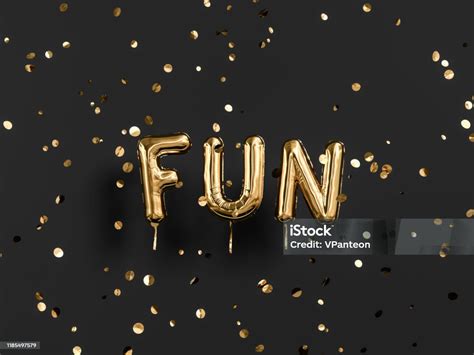 검은 배경에 재미 텍스트 금 호일 풍선과 황금 색종이 3d 렌더링 풍선에 대한 스톡 사진 및 기타 이미지 풍선 환희 알파벳 Istock
