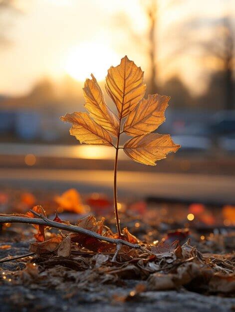 Premium Photo A Single Maple Leaf Sits On The Ground In Front Of A Sunset
