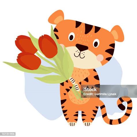 빨간 꽃의 꽃다발을 가진 귀여운 호랑이 새끼 파란색 배경에 튤립 2022 중국 또는 동양 호랑이의 해 어린이 컬렉션의 벡터 그림 2022년에 대한 스톡 벡터 아트 및 기타