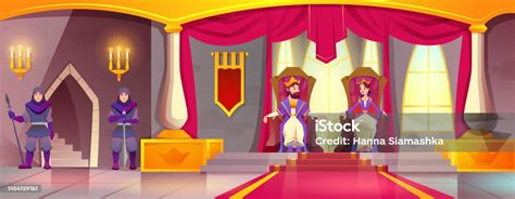중세 성에서 왕좌에 왕좌에 금 왕관을 쓴 만화 왕과 여왕 1위에 대한 스톡 벡터 아트 및 기타 이미지 1위 가구 가정의 방 Istock