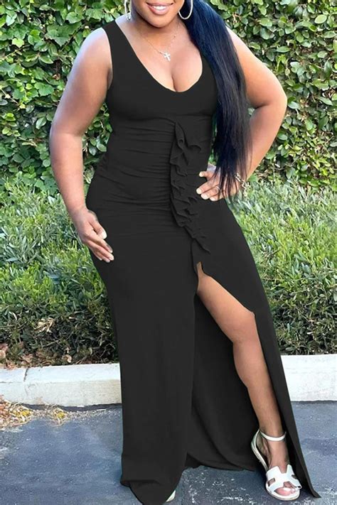 Sexy Solid Slit Fold Stringy Selvedge U Neck Asymmetrical Dresses