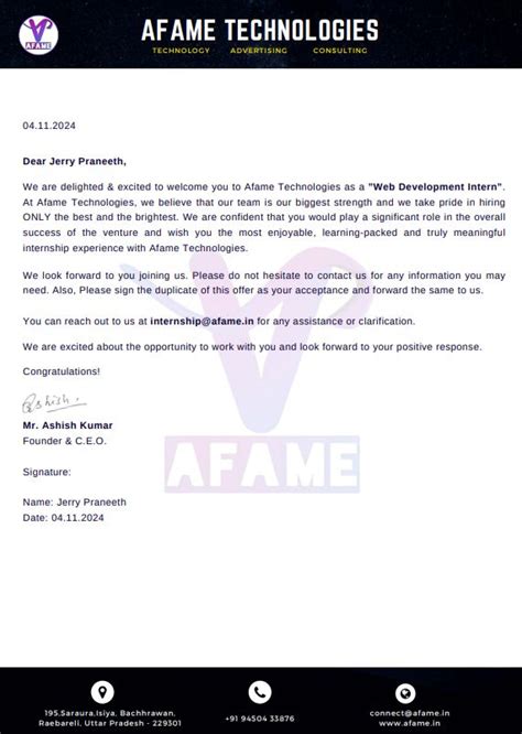 Jerry Praneeth On Linkedin Internship Afametechnologies