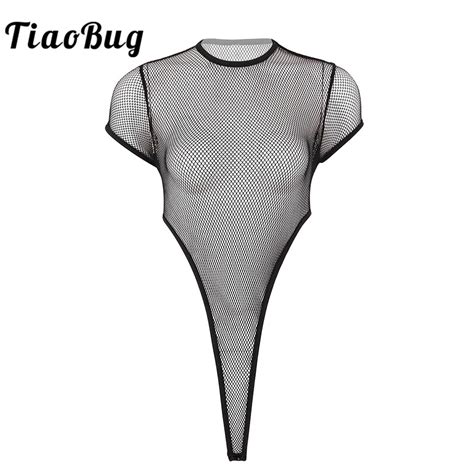Tiaobug Women One Piece Round Neck Short Sleeve High Cut Leotard See