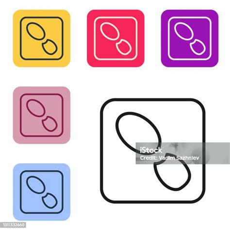 검은 색 라인 휴먼 발자국 신발 아이콘 흰색 배경에 격리 신발 밑창 색상 정사각형 단추로 아이콘을 설정합니다 벡터 건강관리와 의술에 대한 스톡 벡터 아트 및 기타 이미지