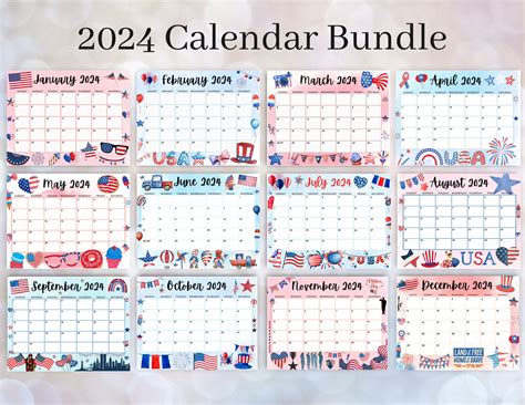 Editable 2024 Patriotic Calendar Bundle Printable Calendar 2024 America