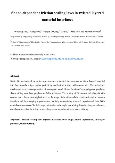 Pdf Shape Dependent Friction Scaling Laws In Twisted Layered Material Interfaces
