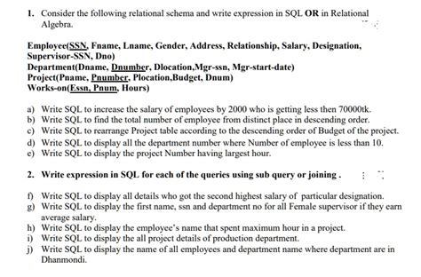 SOLVED Consider The Following Relational Schema And Write Expression