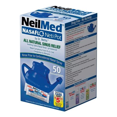 Neilmed Nasaflo Neti Pot With 50 Premixed Packets Soothing Saline Nasal Rinse Health