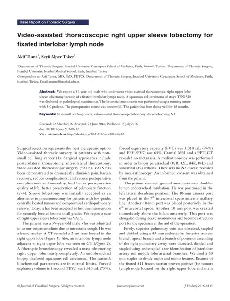 Pdf Video Assisted Thoracoscopic Right Upper Sleeve Lobectomy For Fixated Interlobar Lymph Node