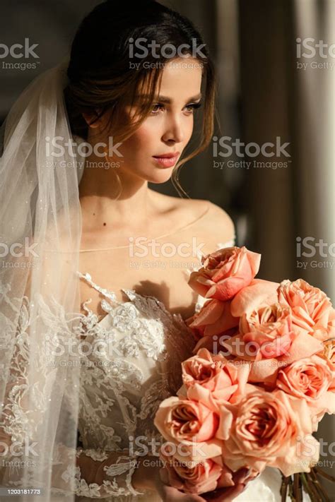 고급스러운 인테리어에서 포즈를 취하는 우아한 웨딩 드레스에 어두운 머리와 아름다운 신부 갈색 머리에 대한 스톡 사진 및 기타 이미지 갈색 머리 개인 장식품 결혼식