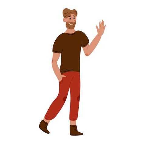 남성 캐릭터는 흰색 배경에 고립 된 컬러 평면 벡터 일러스트 레이 션을 웃 고 흔들며 산책 프리미엄 벡터