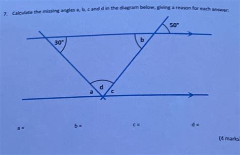 solved calculate the missing angles a b c and d in the diagram below