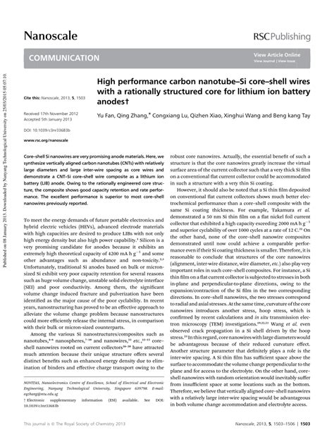 Pdf High Performance Carbon Nanotube Si Core Shell Wires With A Rationally Structured Core For