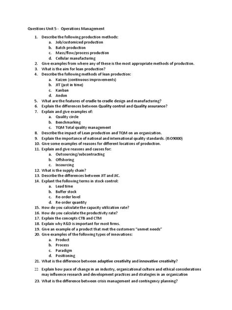 Questions Unit 5 Operations Management Pdf